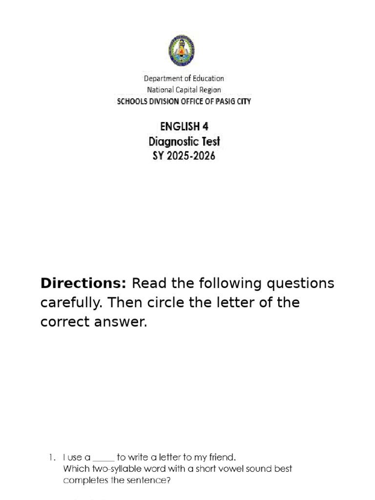 g4 English q1 Diagnostic Test | PDF