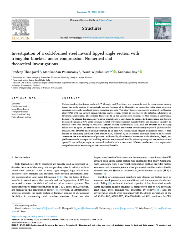 Investigation of A Cold Formed Steel Inward Lipped Angle Section W 2025 ...