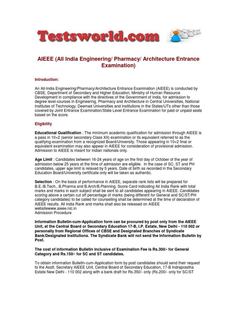 AIEEE (All India Engineering/ Pharmacy/ Architecture Entrance ...