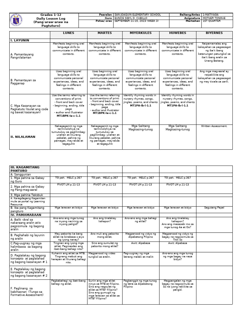 DLL - MTB 1 - Q1 - W3 | PDF