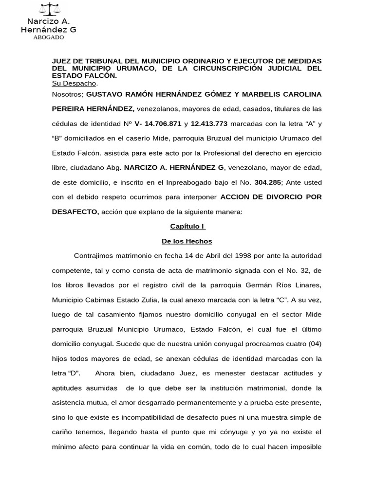 Demanda de Divorcio de Gustavo | PDF | Divorcio | Justicia