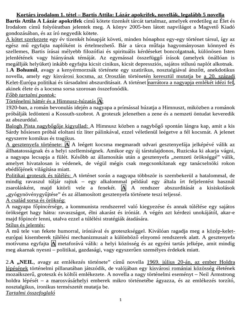 Kortárs Irodalom 1. Tétel Bartis Attila | PDF