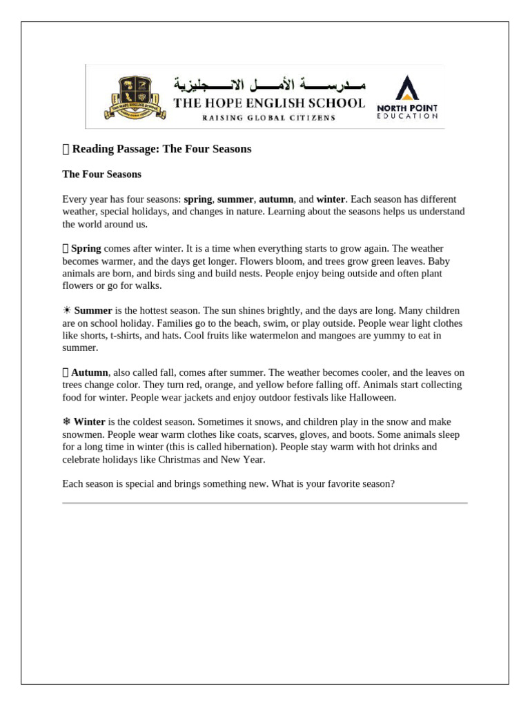 ? Reading Passage on Seasons | PDF