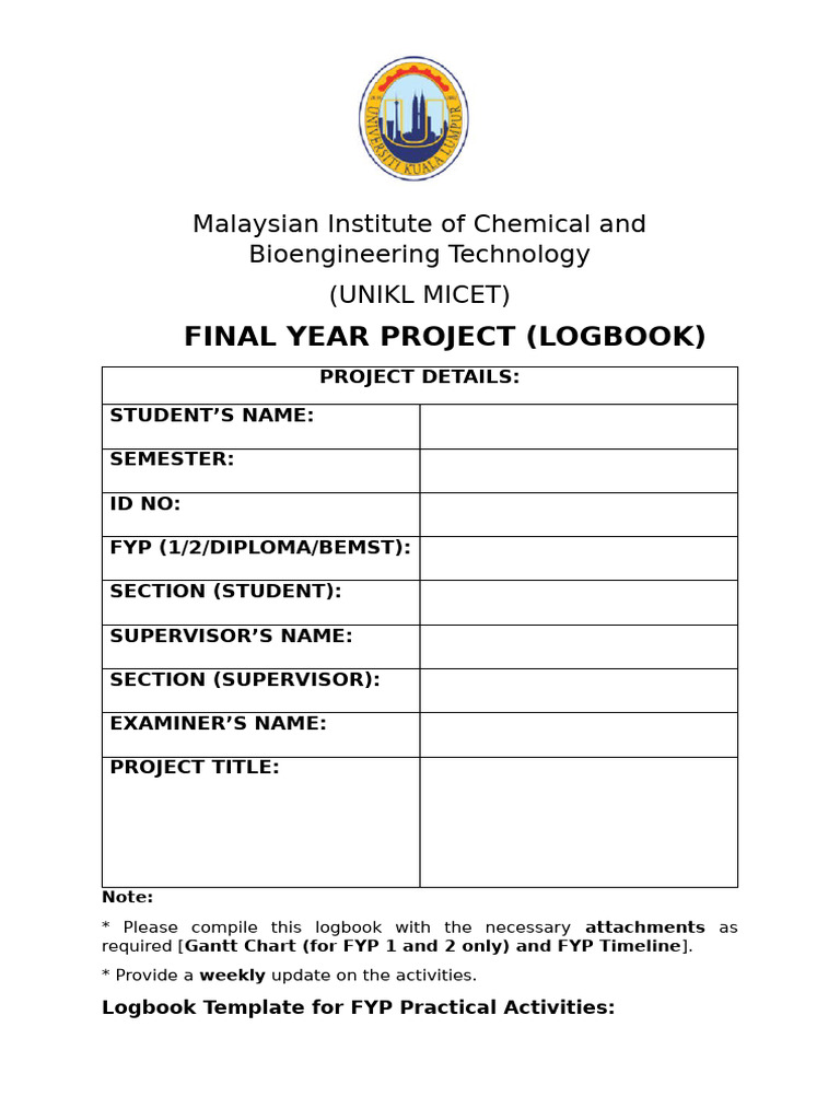 Template of Logbook Fyp 1 Fyp 2 Fyp Dip Fyp Bemst | PDF | Learning