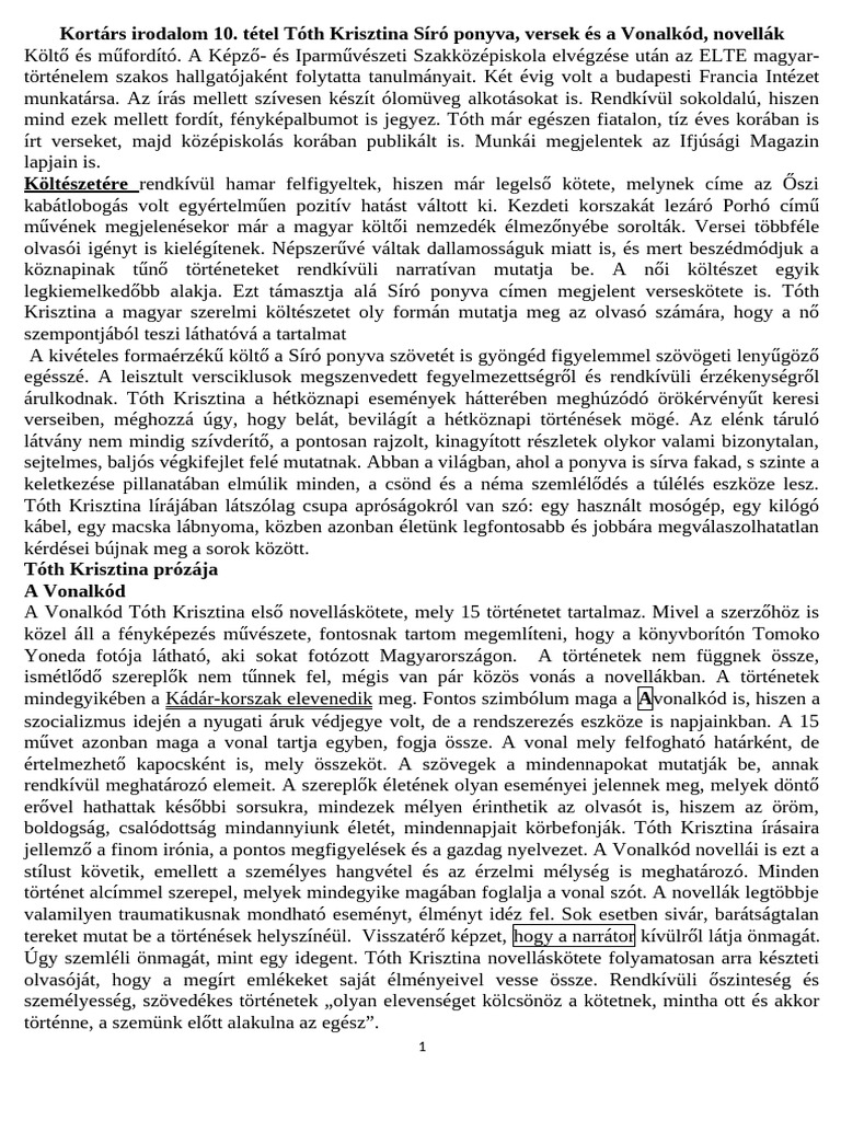 Kortárs Irodalom 10. Tétel Tóth Krisztina Síró Ponyva Versek És A Vonalkód Novellák-DeSKTOP ...