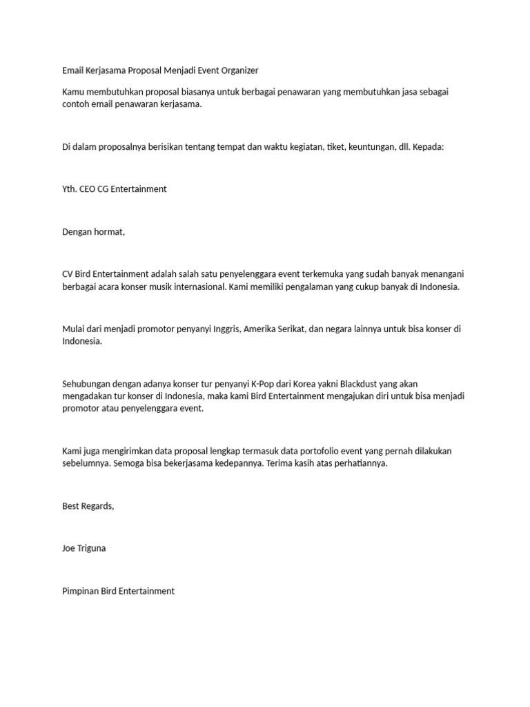 Email Kerjasama Proposal Menjadi Event Organizer | PDF