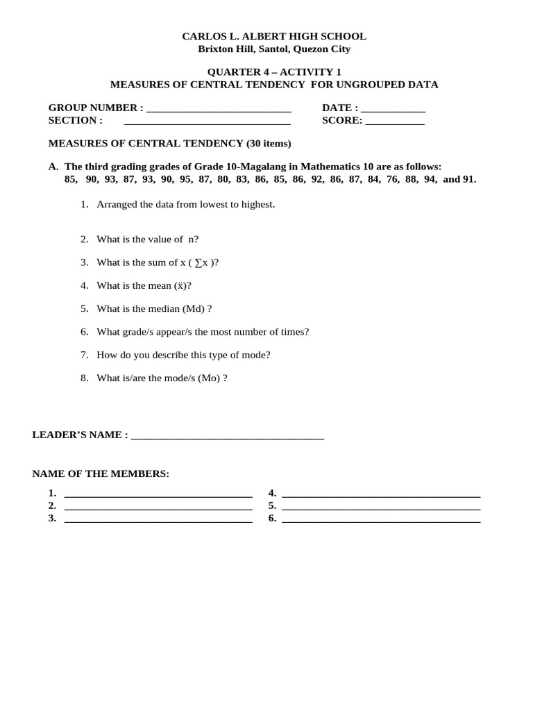 q4 Activity 1 Measures of Central Tendency For Ungrouped Data | PDF