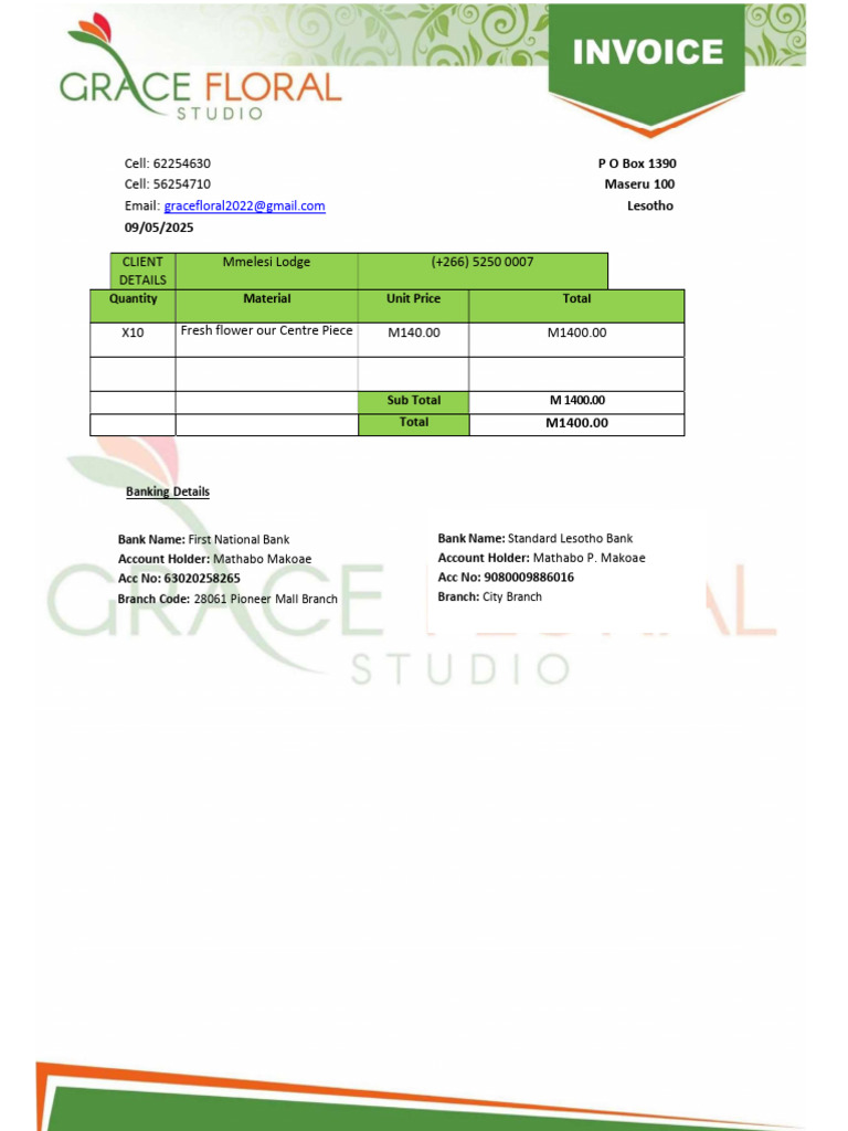 Floral Invoice for Mmelesi Lodge | PDF