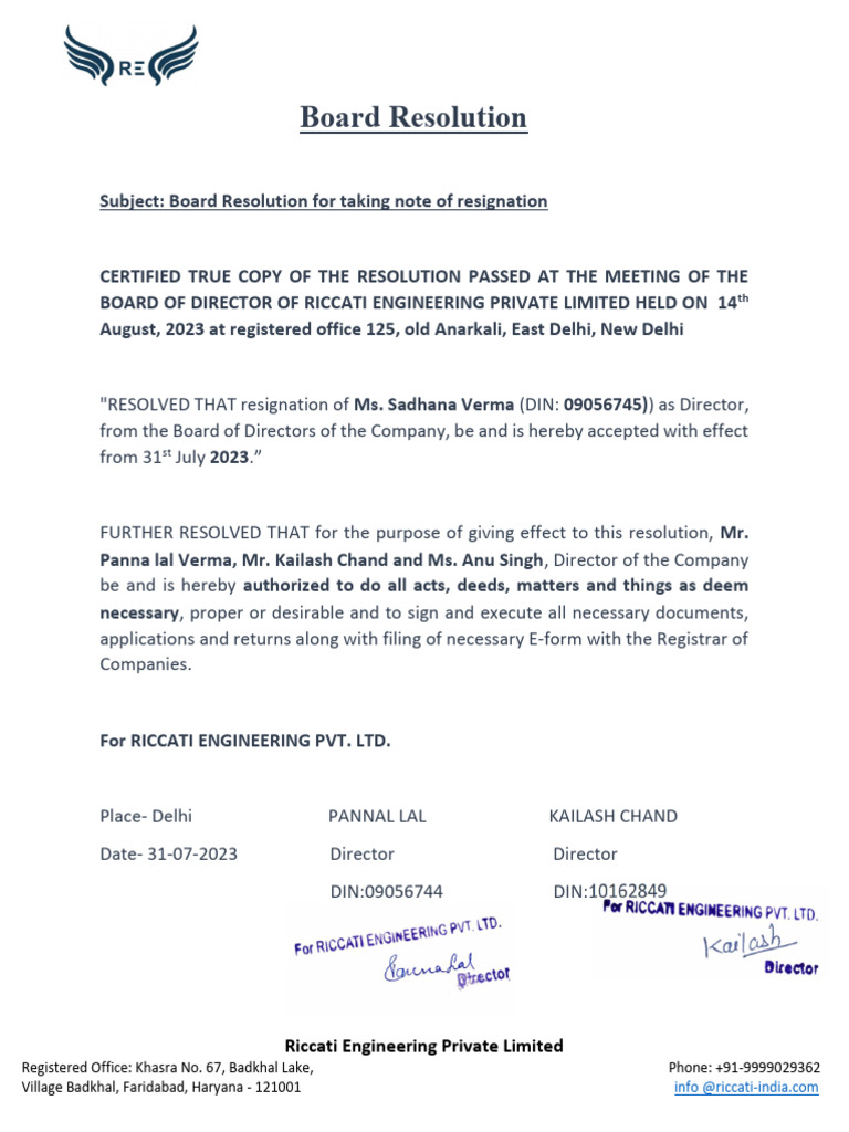 Resignation of Ms. Sadhana Verma | PDF