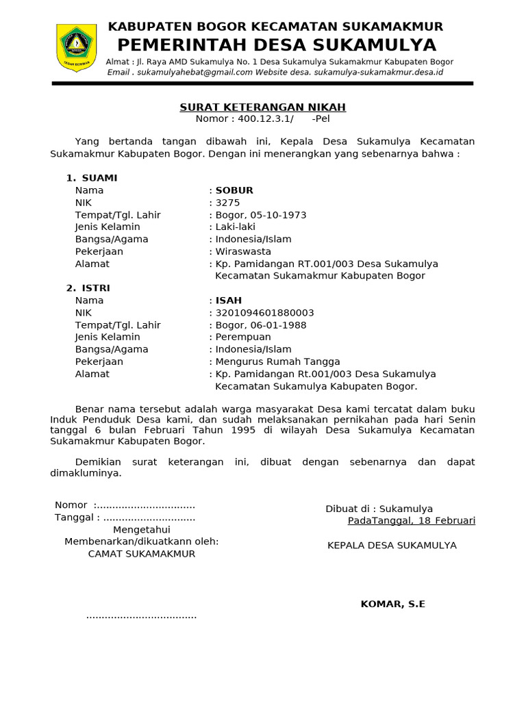 Surat Keterangan Nikah RT RW | PDF