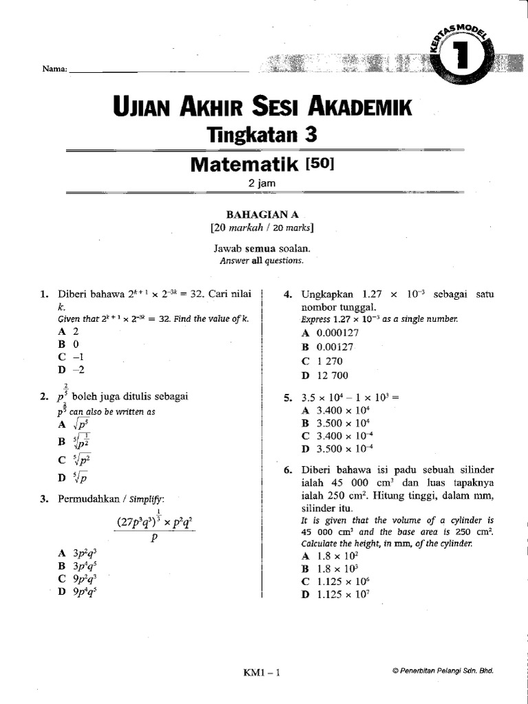 Uasa Form 3 Maths Kertas Model 1 | PDF