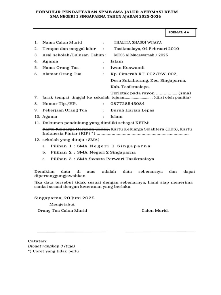 Formulir Pendaftaran SPMB Sma Jalur Afirmasi Ketm | PDF