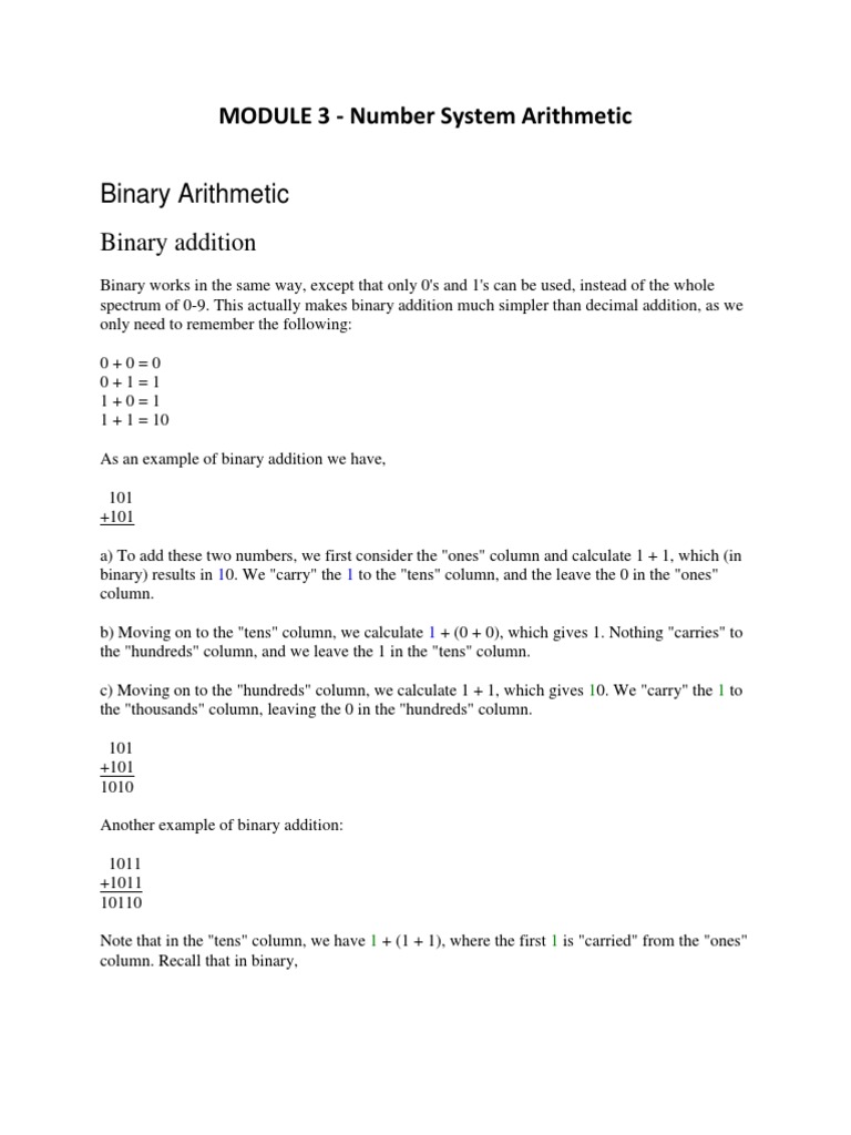 Binary Arithmetic Binary Addition: MODULE 3 - Number System Arithmetic ...