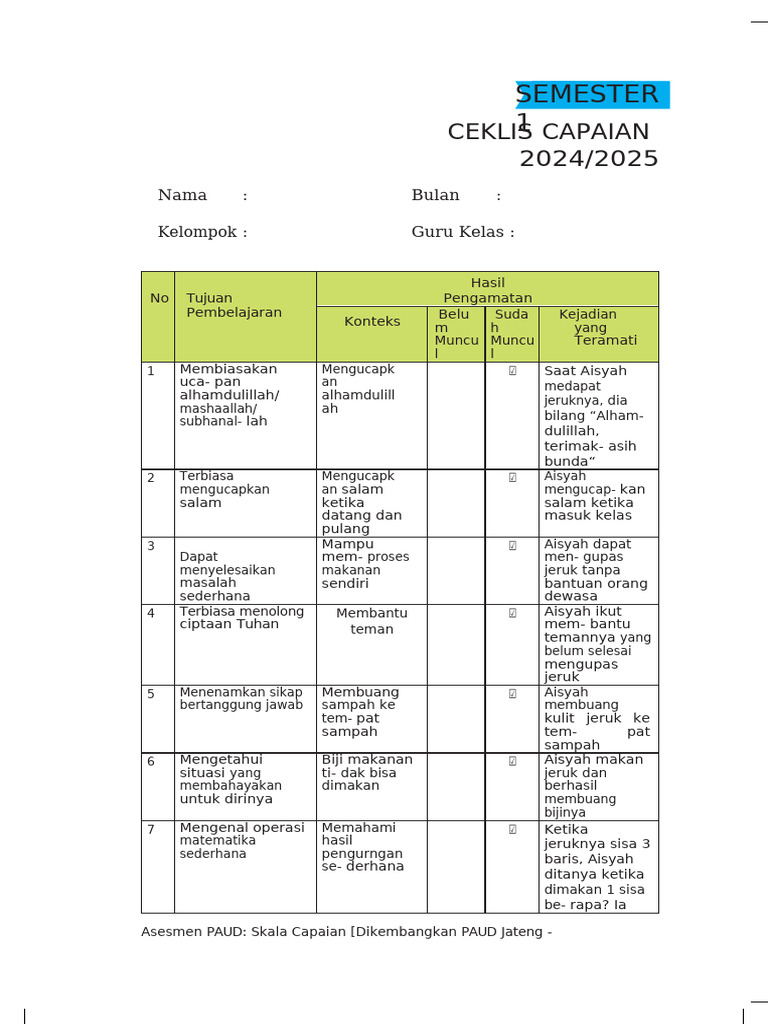 Ceklis Skala Capaian Paud | PDF