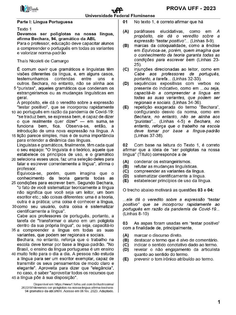 Aula Bônus - Prova Uff 2023 - Nível Médio | PDF