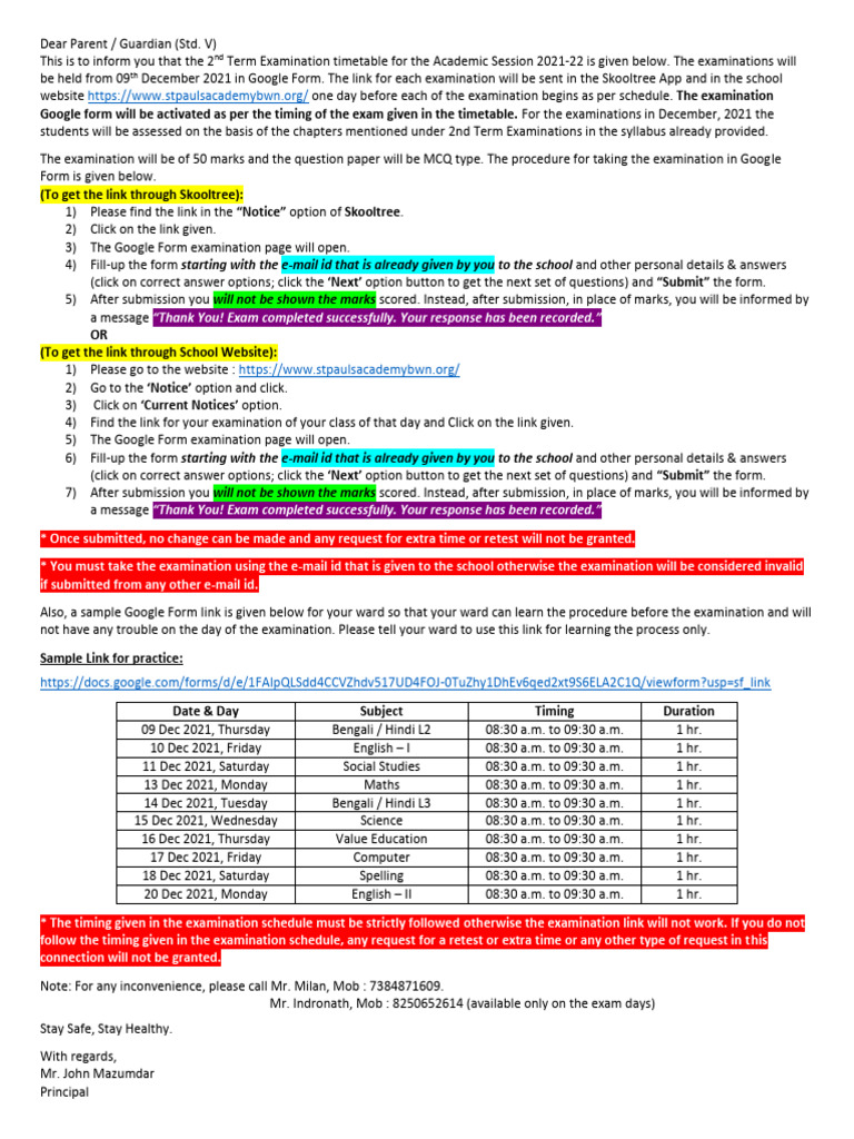 E-message for Exam Procedure, Timetable Std. V | PDF | Tests ...