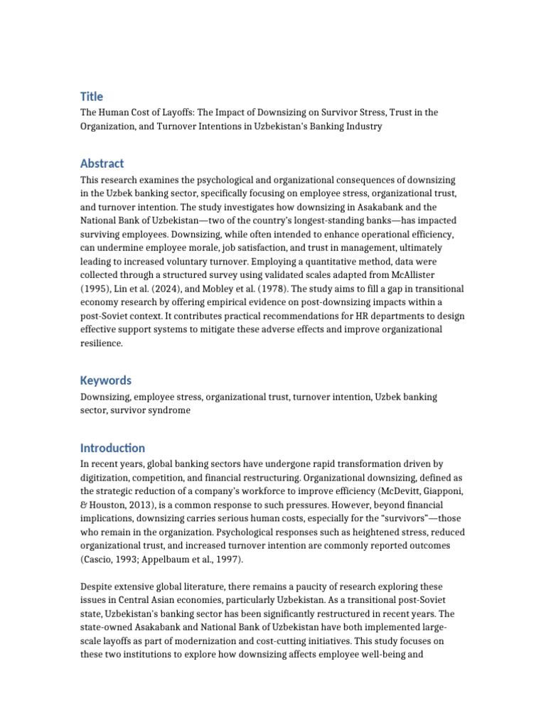 Downsizing Uzbekistan Banks Revised | PDF | Layoff | Turnover (Employment)