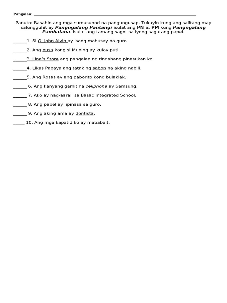 Katangian NG Pangngalan Pantangi Pambalana Pagtataya | PDF