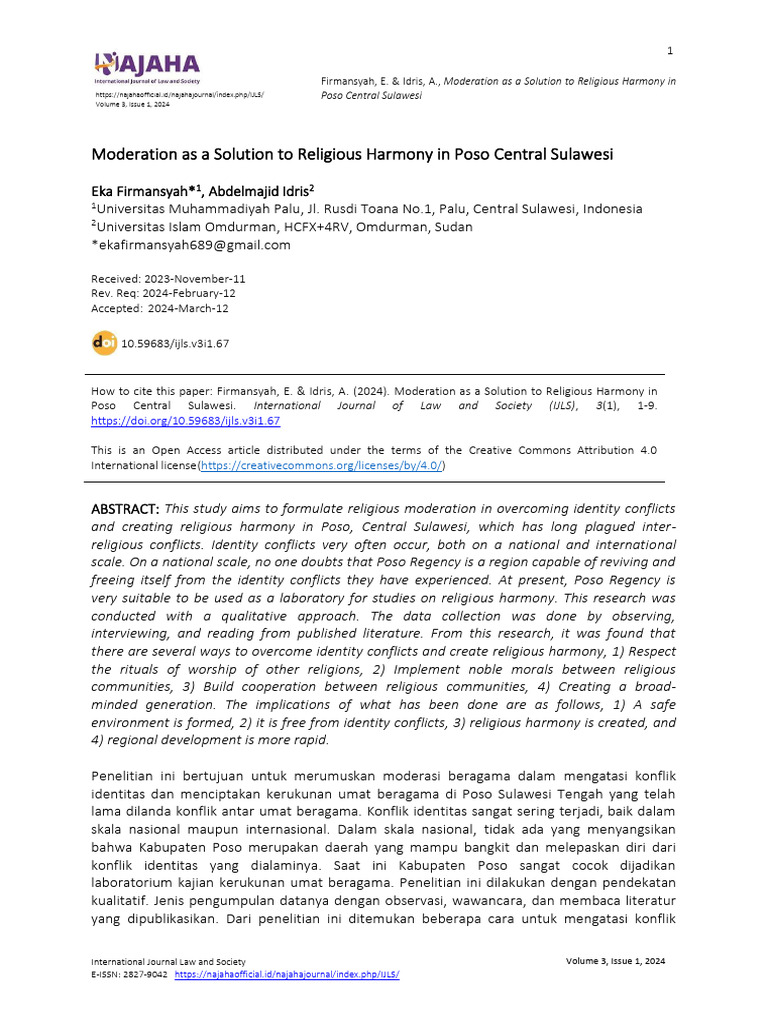 Moderation As A Solution To Religious Harmony in Poso Central Sulawesi | PDF | Indonesia ...