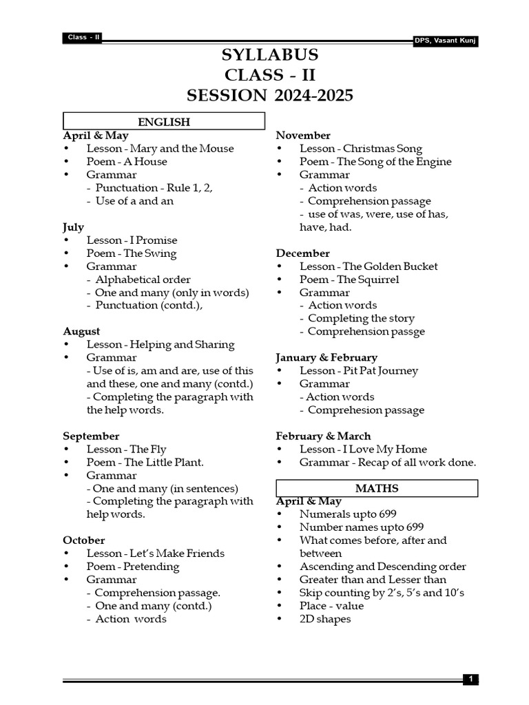 DPS Vasant Kunj Class II Syllabus 2024-25 | PDF | Multiplication ...