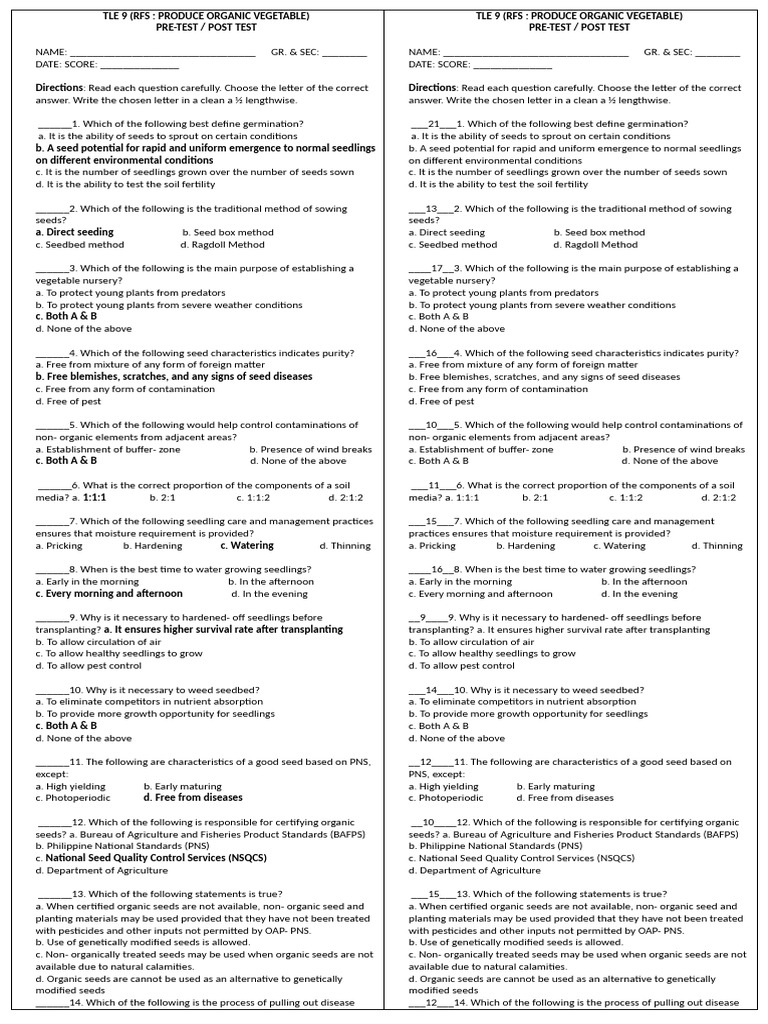 1st Q-Prepost Test Produce Organic Vegetables | PDF | Sowing | Seed