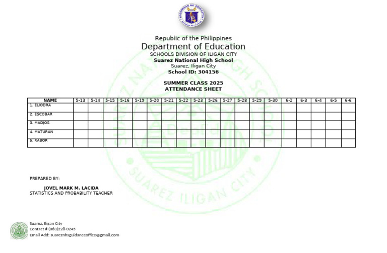 Attendance-Sheet For Summer Class 2024-2025 Dio | PDF