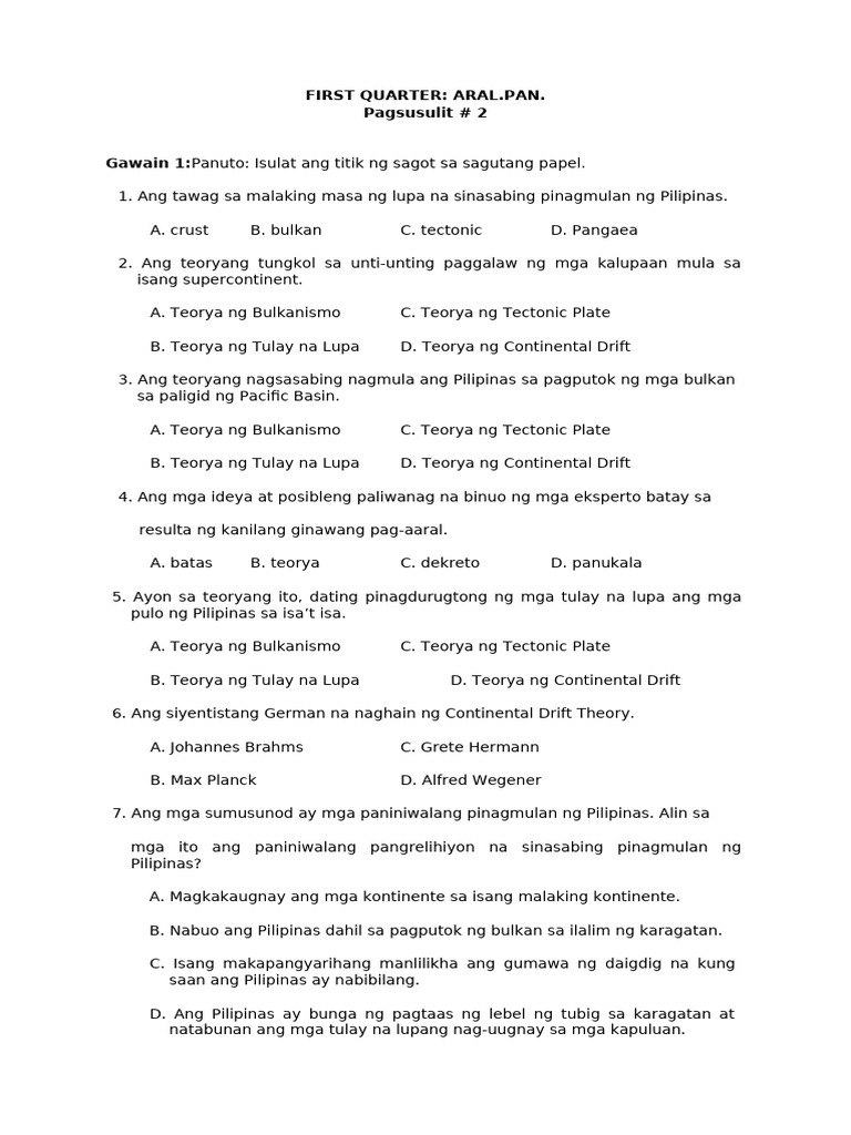 Aral. Pan 2. Quiz No. 2 | PDF