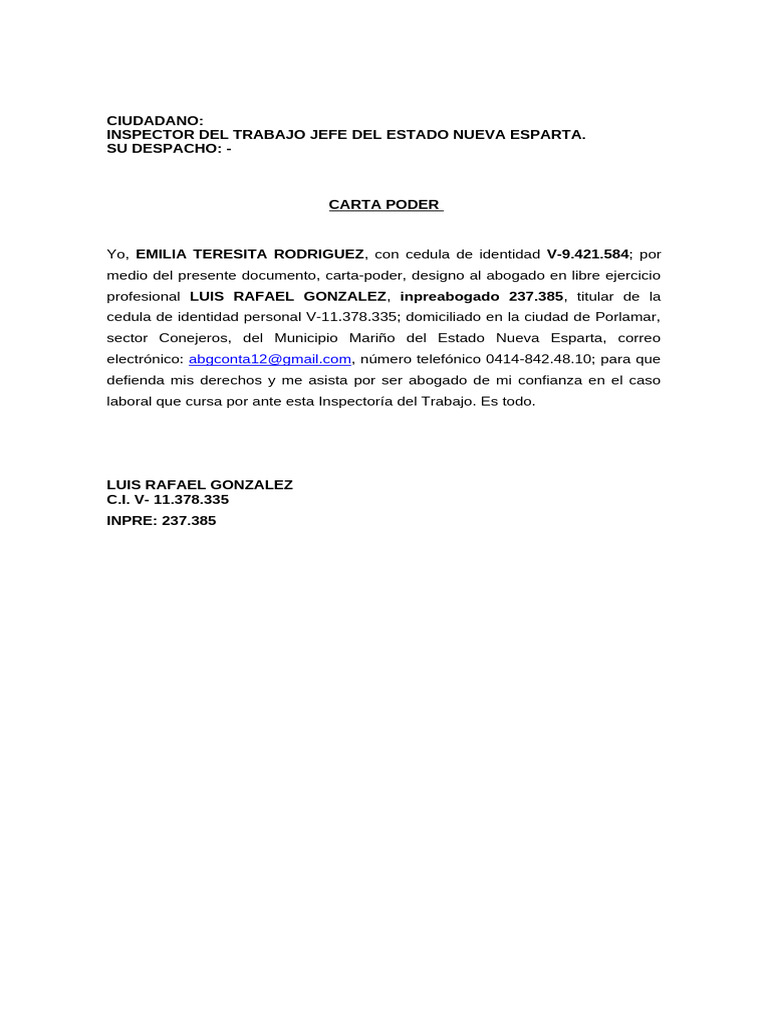 Carta Poder para Abogado Laboral | PDF