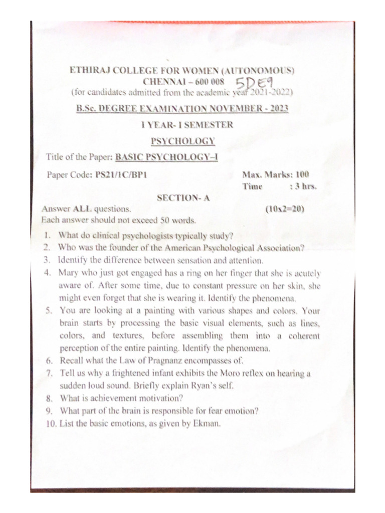 Ethiraj Semester 1 Examination Question Papers | PDF