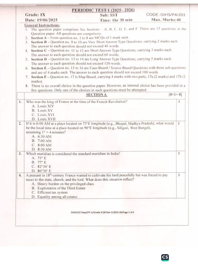 SST PT 1 Class 9 2025 | PDF