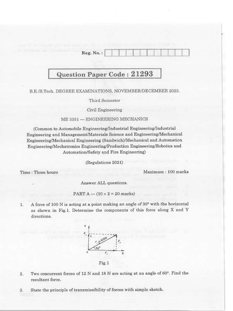 ME3351 Semester Question Paper 2023 Nov Dec - Bin | PDF | Friction | Force