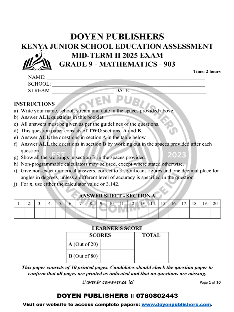 Grade 9 Mathematics Mid-Term 2 Exam | PDF