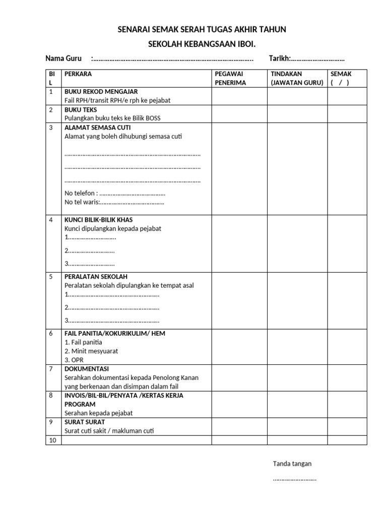 Senarai Semak Serah Tugas Akhir Tahun | PDF