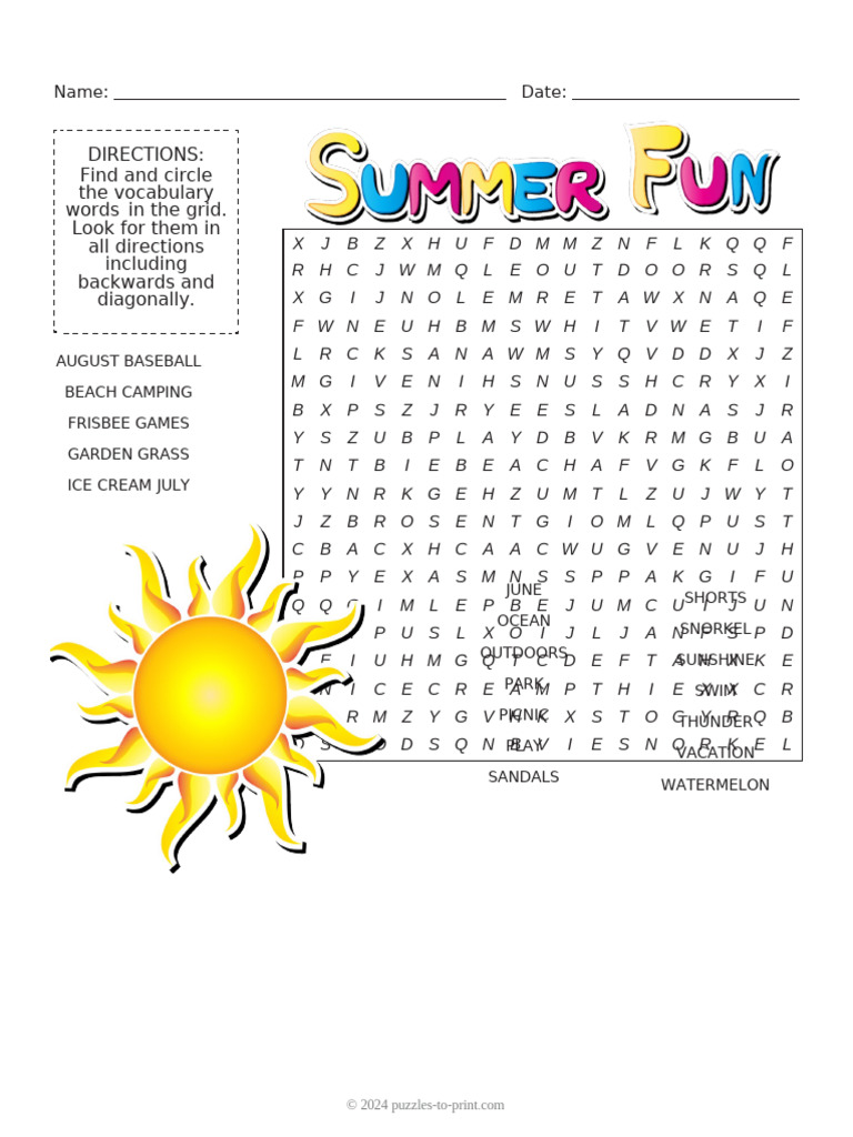 Summer Fun Word Search Puzzle | PDF | Word Puzzles | Puzzles