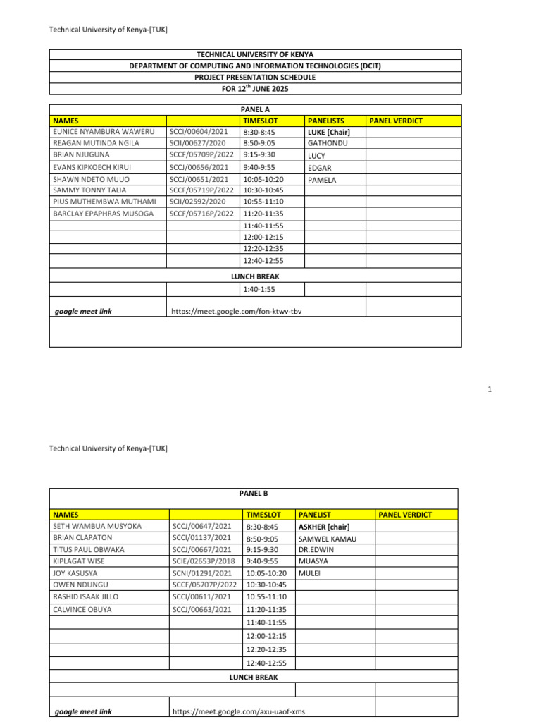 SCIT Project Presentations Schedule Held On 12th June 2025 | PDF