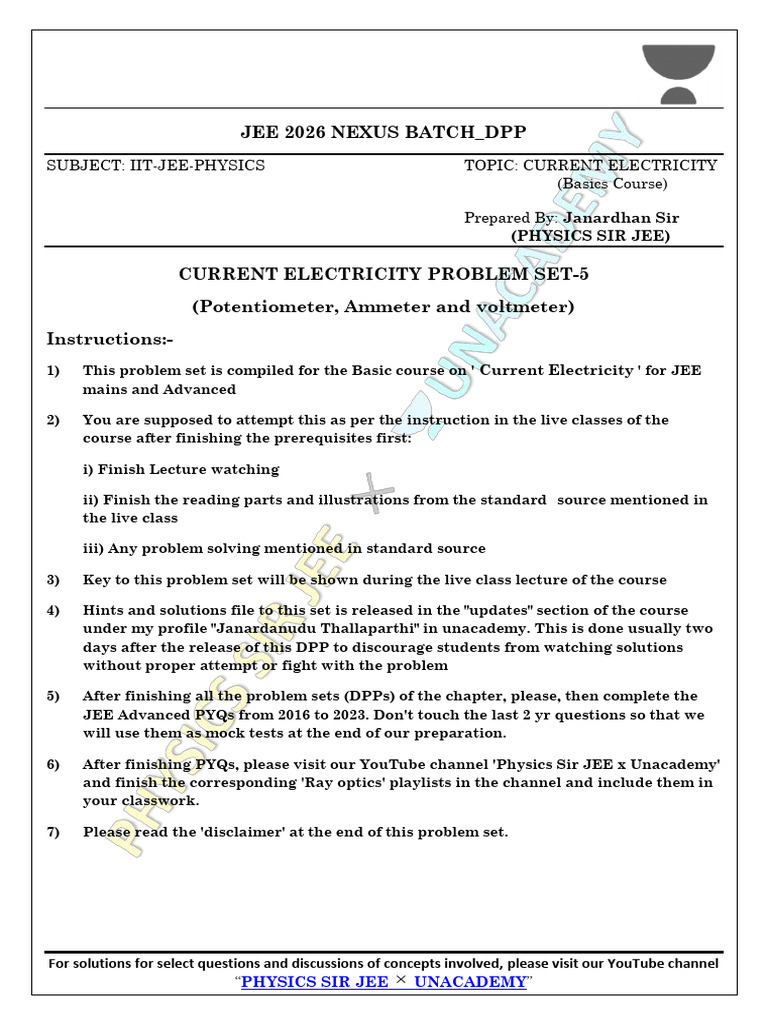 CurrentElectricity ProblemSet-5NexusCoursePhysicsSirJEExUnacademy | PDF
