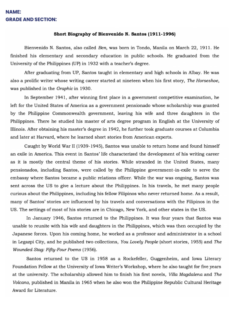 Biography of Bienvenido Santos | PDF
