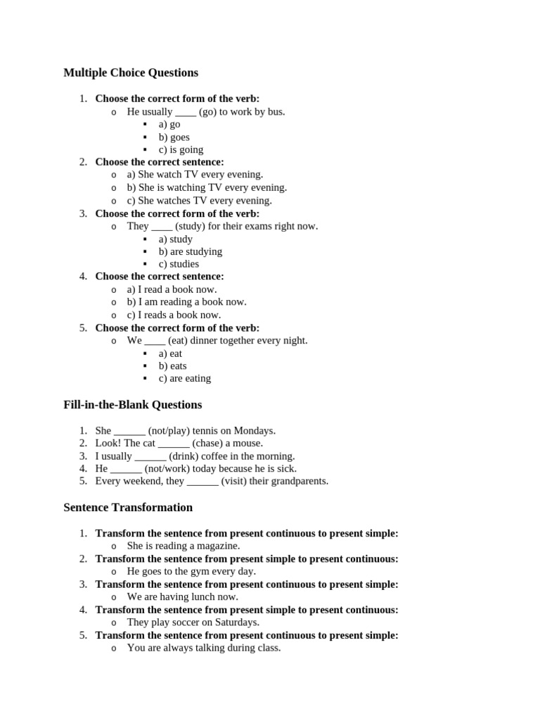 Multiple Choice Questions Present Simple And Present Continuous