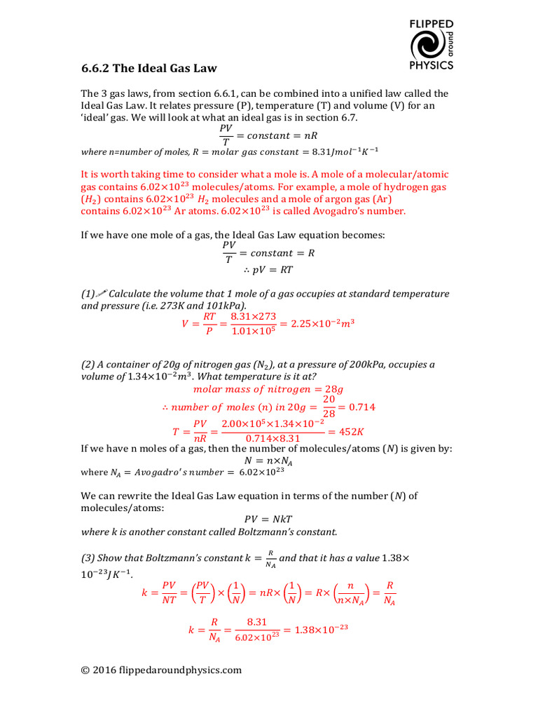 The Ideal Gas Law Answers | PDF | Gases | Mole (Unit)