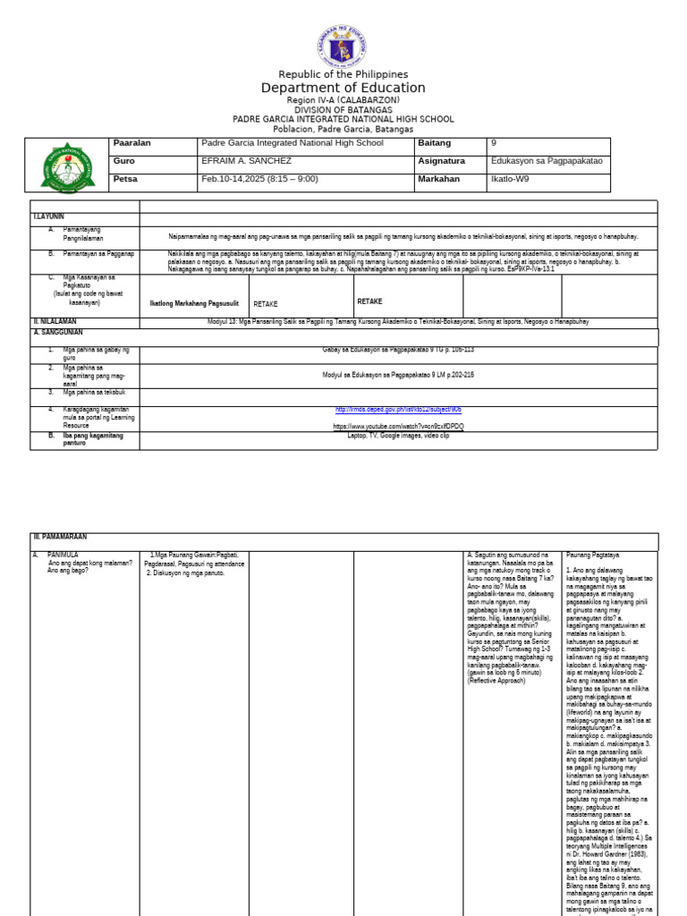 DLL Esp9q3 Week 9 | PDF