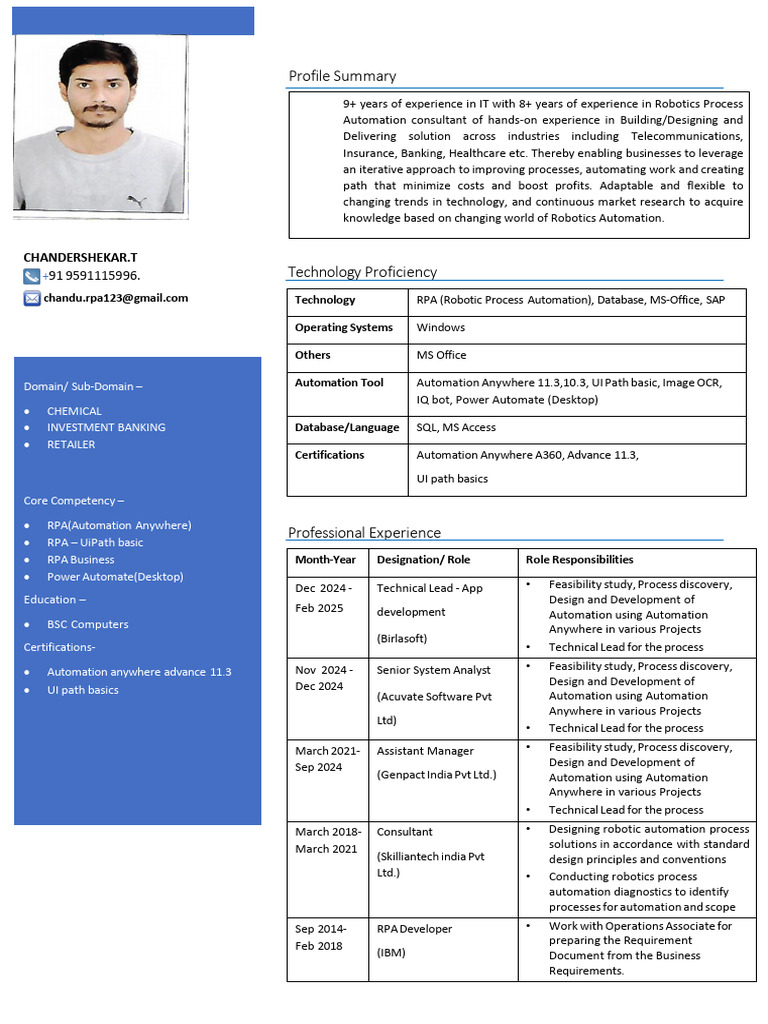 RPA Consultant Profile Summary | PDF | Automation | Information Technology