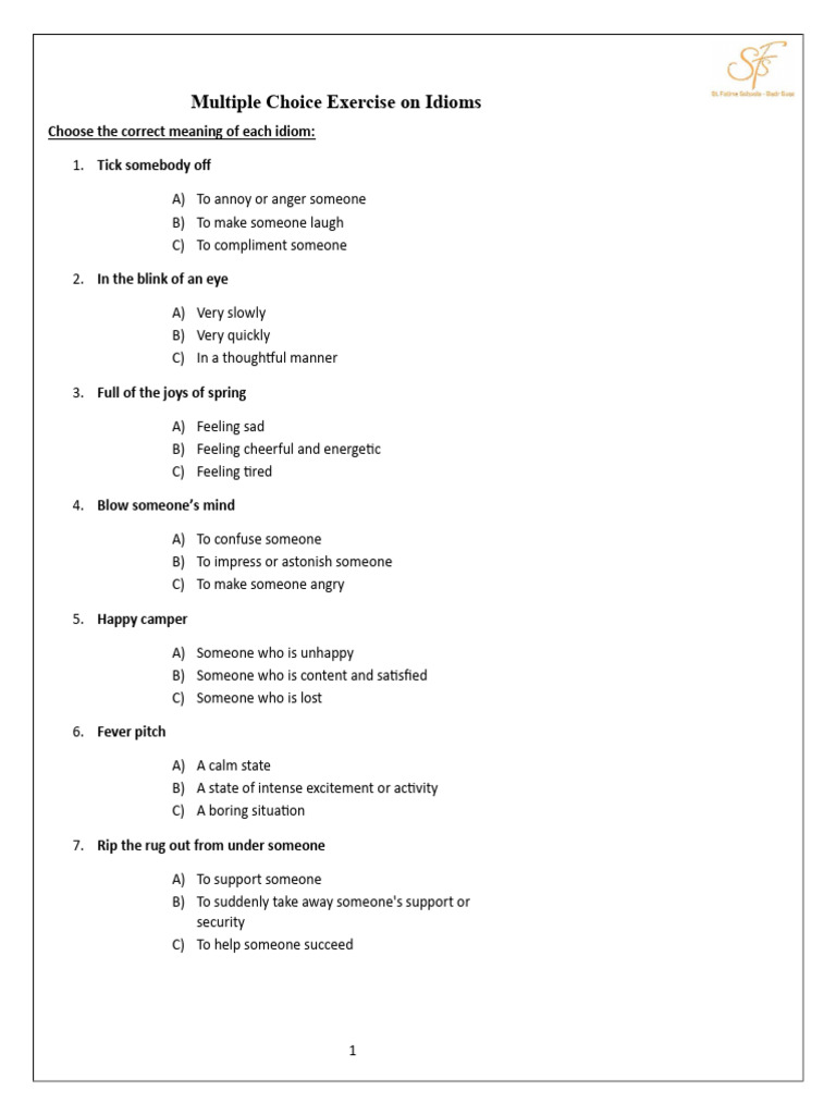 Idiom Meaning Quiz: Multiple Choice | PDF | Feeling | Emotions