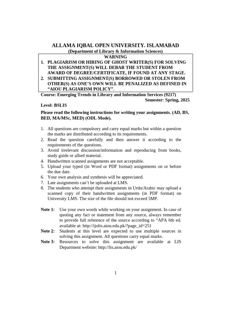 AIOU Assignment Guidelines for LIS 9217 | PDF | Libraries