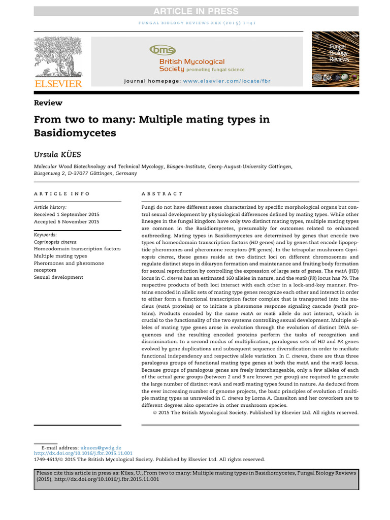 Multiple Mating Types in Basidiomycetes | PDF | Biology | Life Sciences