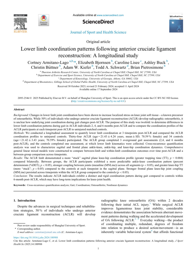 Lower Limb Coordination Patterns Following Anterior Cruciate Ligament ...