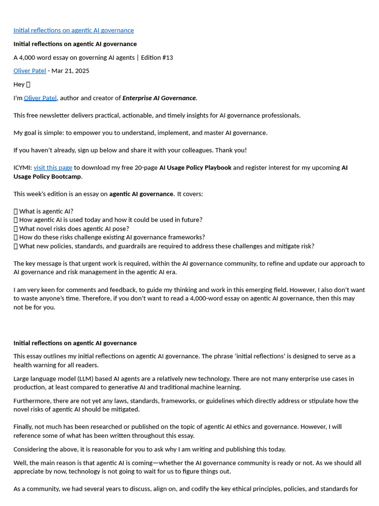 Initial Reflections On Agentic AI Governance - 1 | PDF | Artificial ...