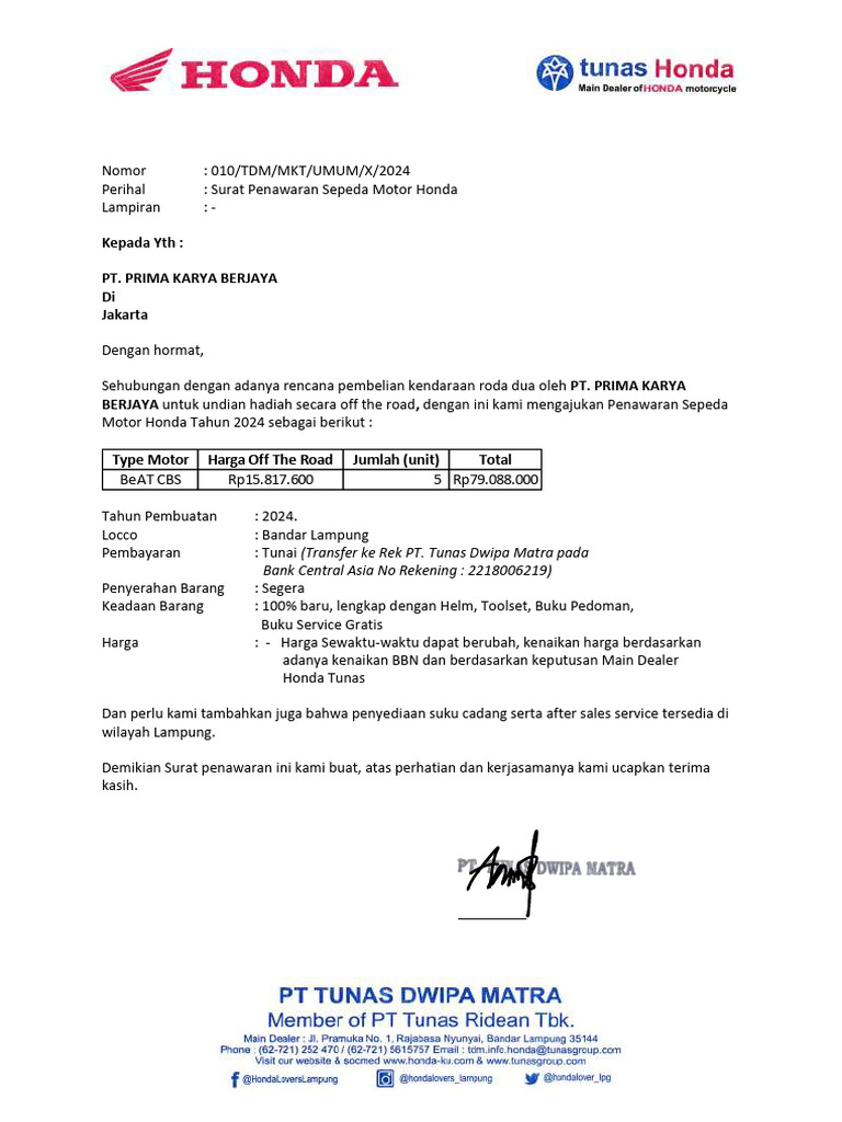 Surat Penawaran Harga-Pt Prima Karya Berjaya | PDF