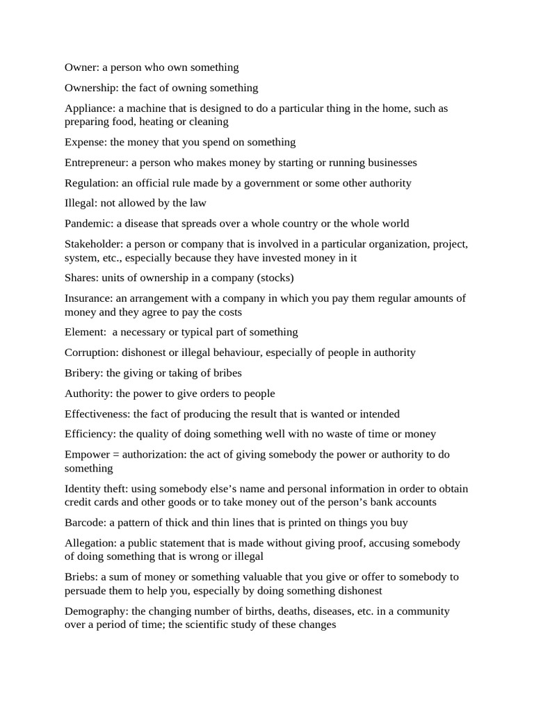 Key Business and Economic Terms Explained | PDF | Bribery | Money