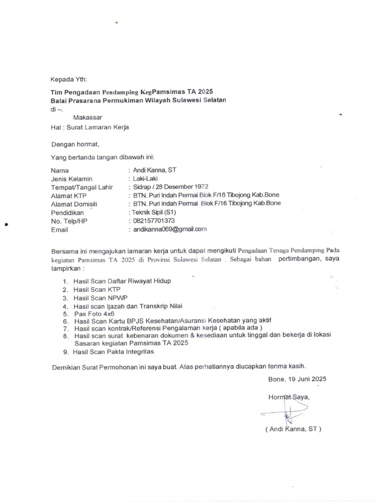 Surat Lamaran Pamsimas Etta | PDF