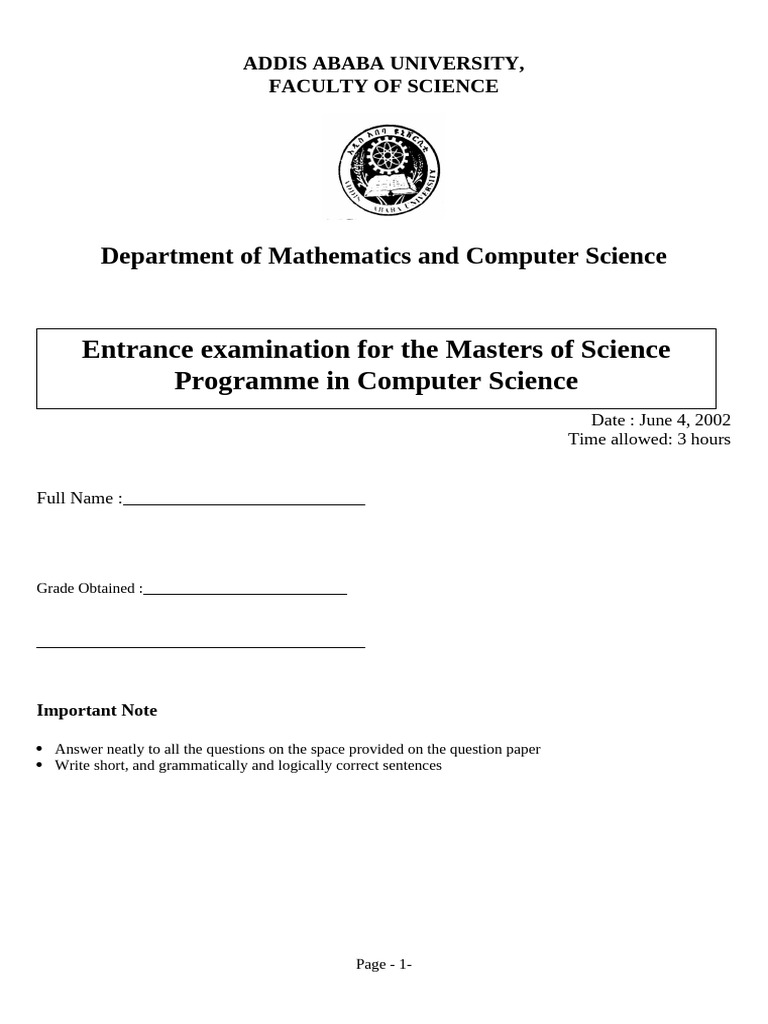 Entrance Exam MSC 2002 | PDF | Computing | Computer Programming